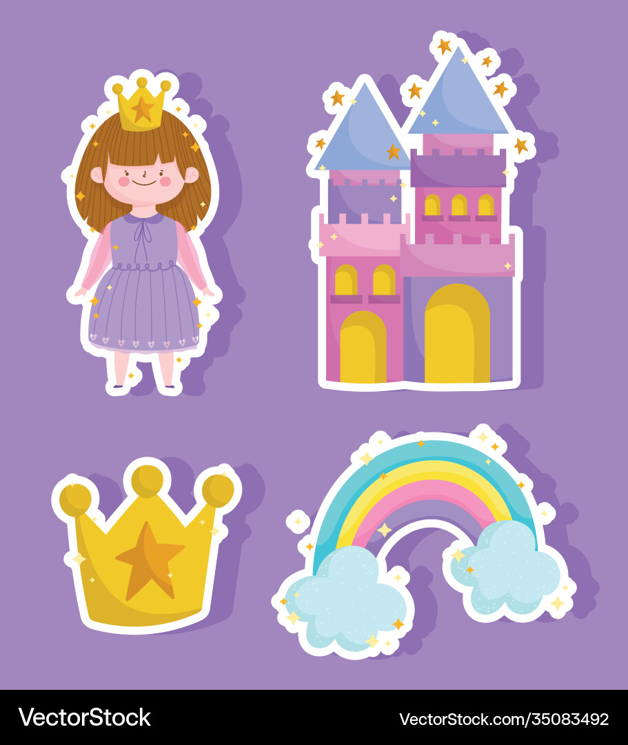 Princess castle rainbow and crown magic stickers Vector Image