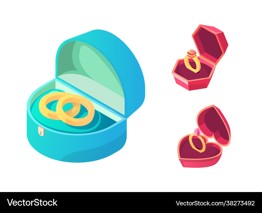 Rings for wedding and engagement in various boxes Vector Image