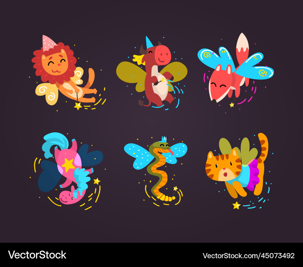Winged animal characters flying with magic wand Vector Image