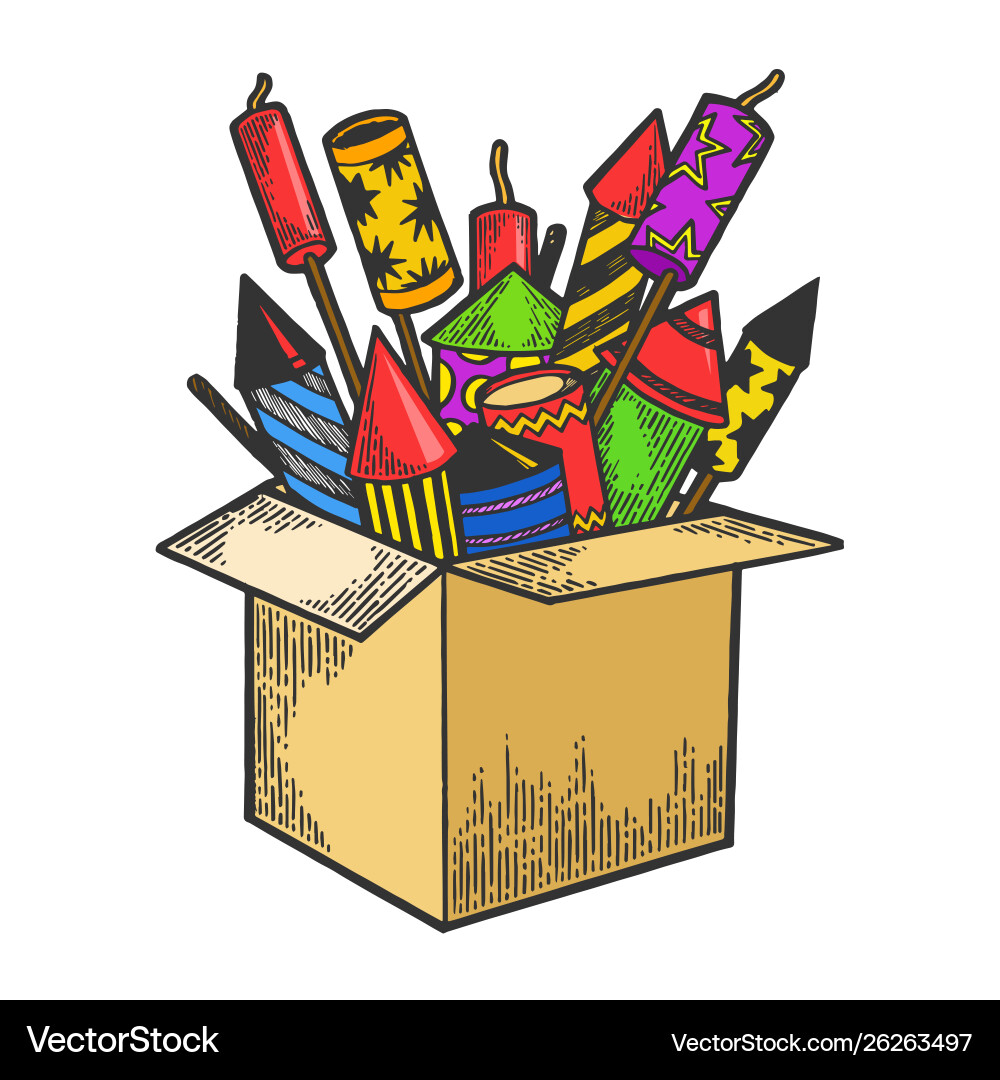 Box with fireworks color sketch engraving Vector Image