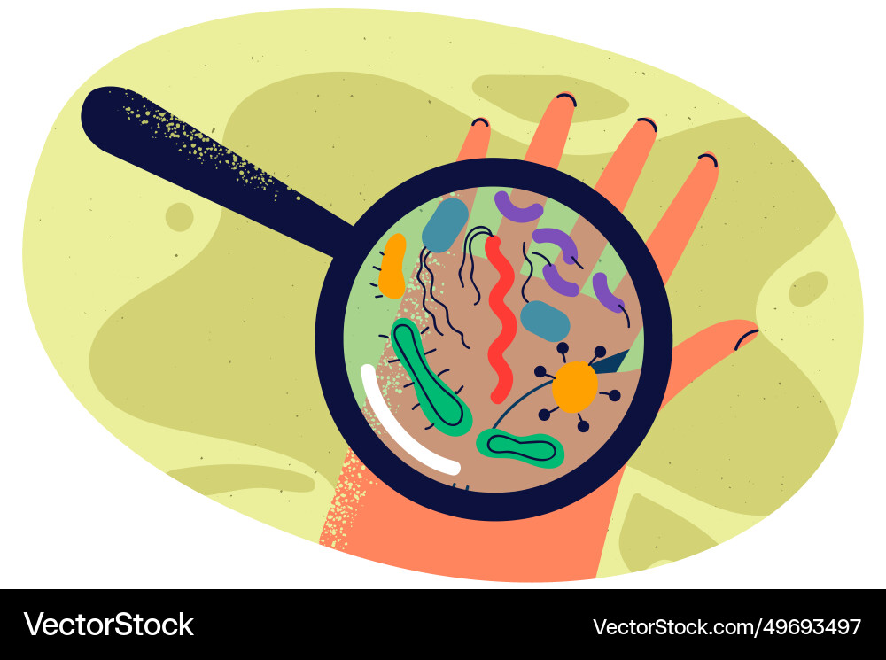 Magnifying glass showing bacteria on hand Vector Image
