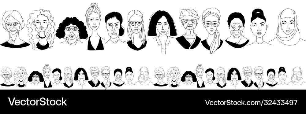 Womens diversity head portraits line drawing Vector Image