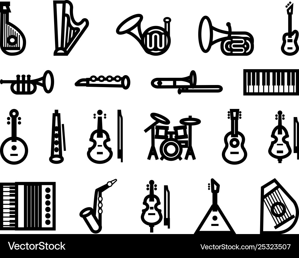 Musical instruments set icons black and white Vector Image