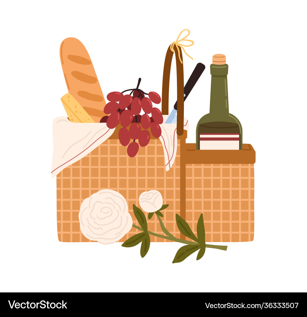 Picnic basket or hamper with delicious meals Vector Image