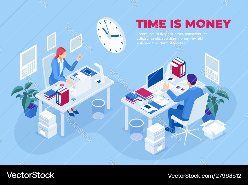 Isometric time is money concept time management Vector Image