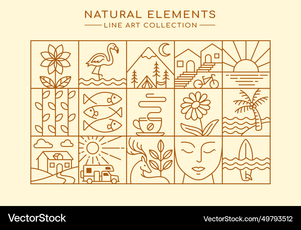 Line art of natural elements collection Royalty Free Vector