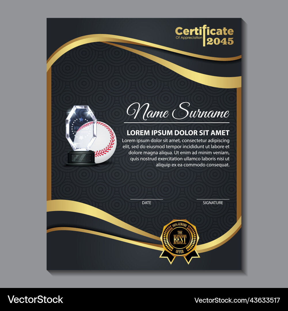 Baseball certificate design with gold cup set Vector Image
