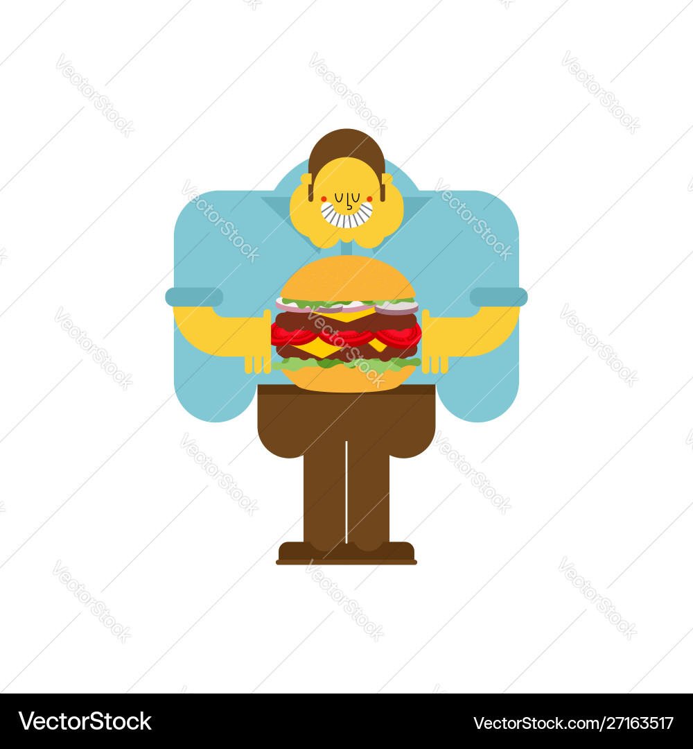 Fat guy and hamburger obesity man burger Vector Image