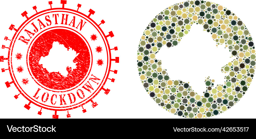 Lockdown grunge badge and flu virus mosaic stencil