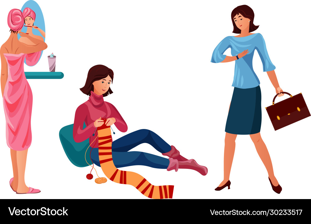 Set cute brown-haired girl doing everyday Vector Image