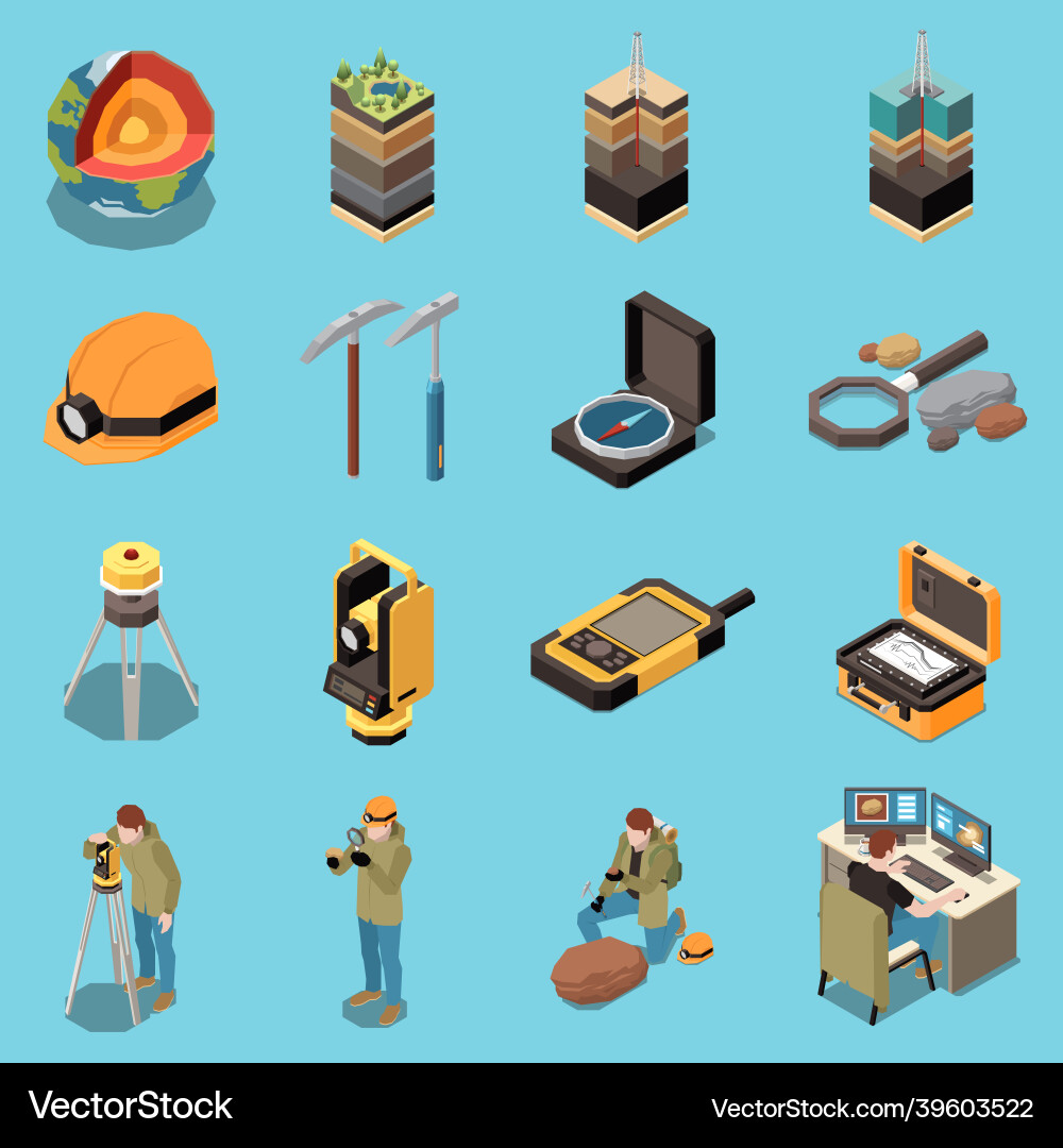 Geology earth exploration isometric icon set Vector Image