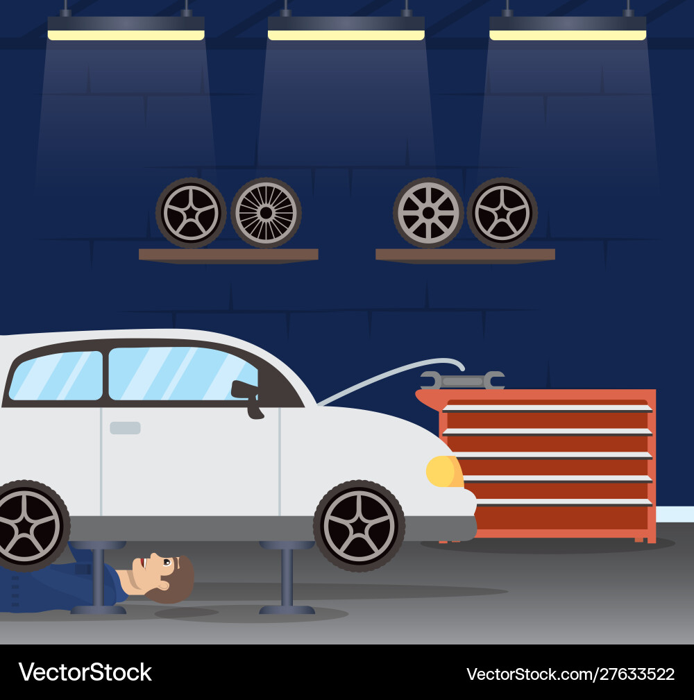 Man mechanic working in car character Royalty Free Vector