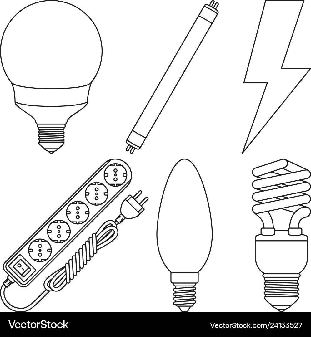 6 line art black and white electric elements set Vector Image