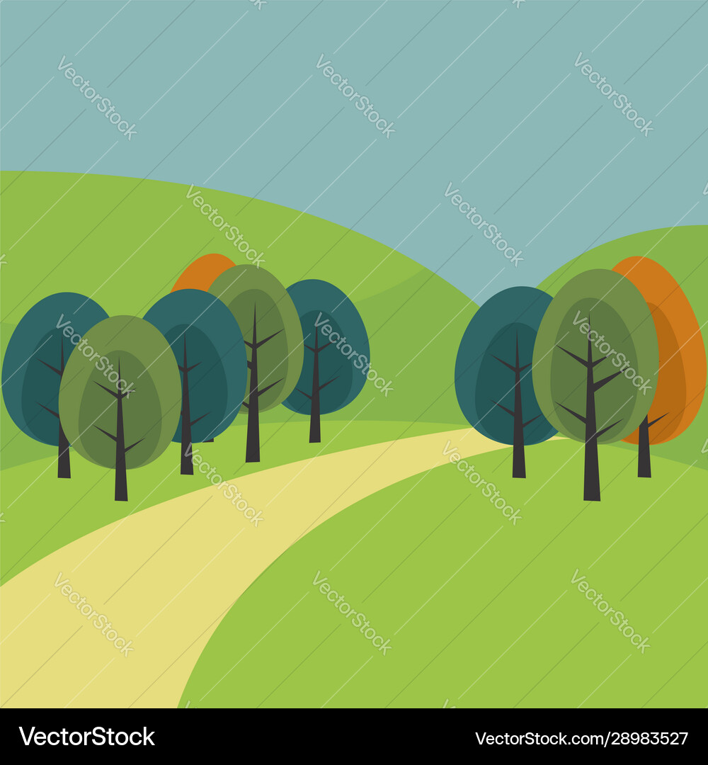 Group flat tree and green hill with cartoon Vector Image