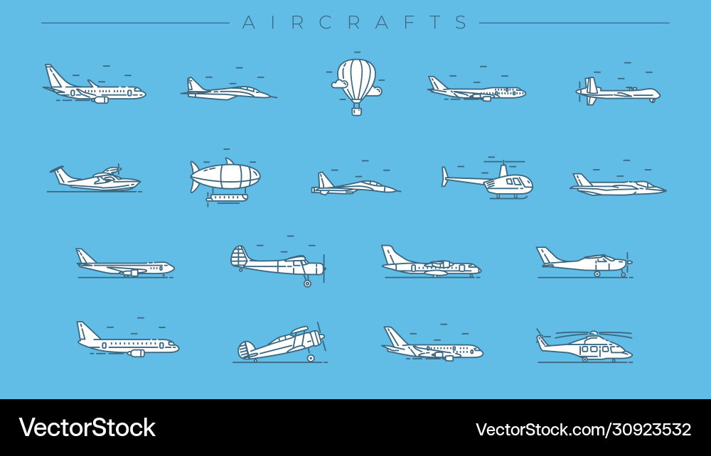 Aircrafts concept line style icons set Royalty Free Vector