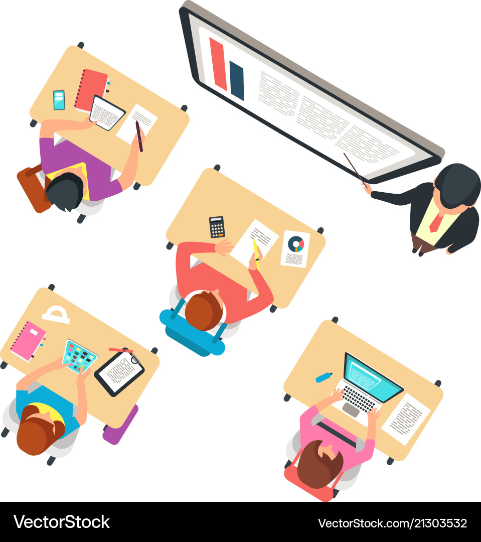 Classroom top view children and teacher studying Vector Image