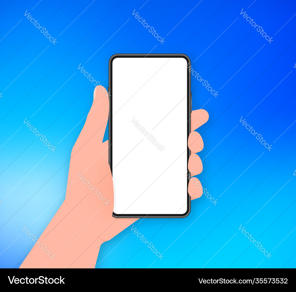 Hand holds phone with blue screen phone on white Vector Image