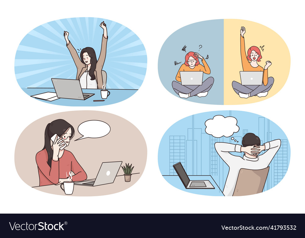 Set of people use computers studying and working Vector Image