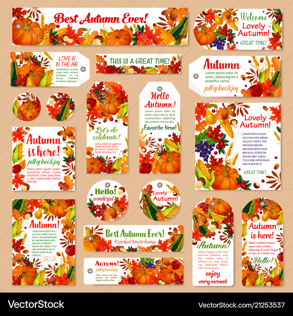 Autumn leaf tag and fall harvest greeting card set
