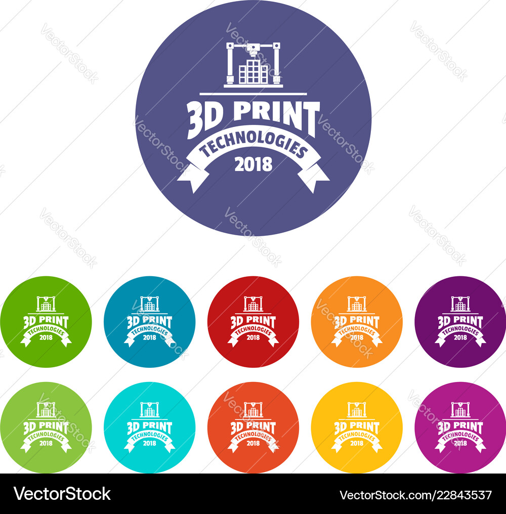 Innovation 3d printing icons set color Royalty Free Vector