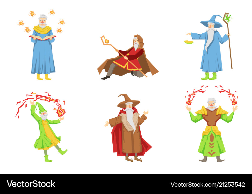Flat set of magicians in different actions Vector Image