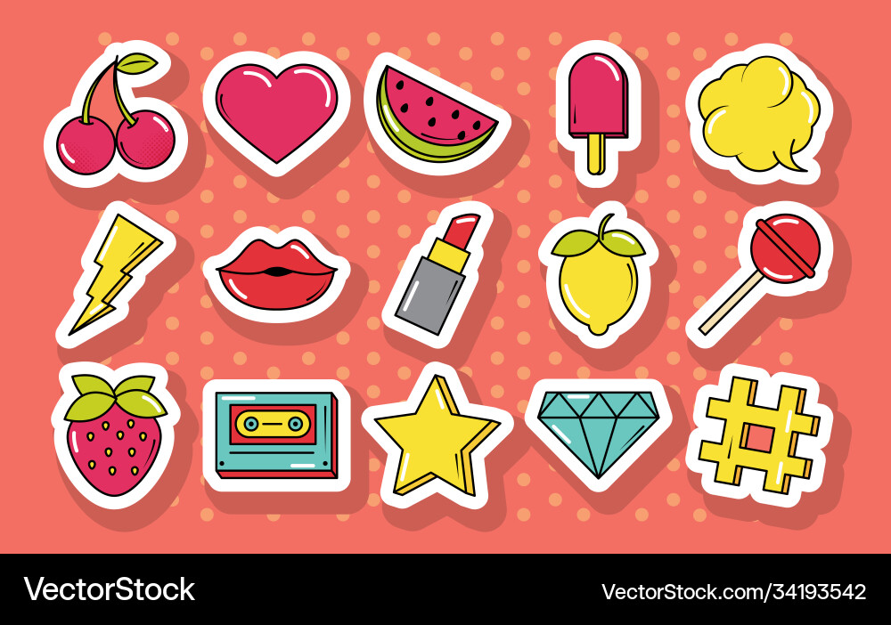 Pop art comic set stickers pins patches Royalty Free Vector