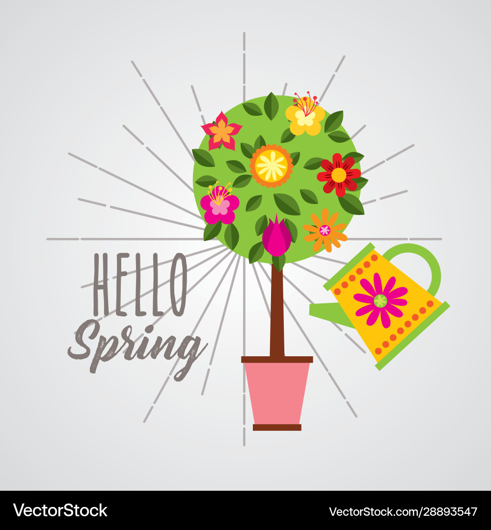 Hello spring poster with floral tree and sprinkler