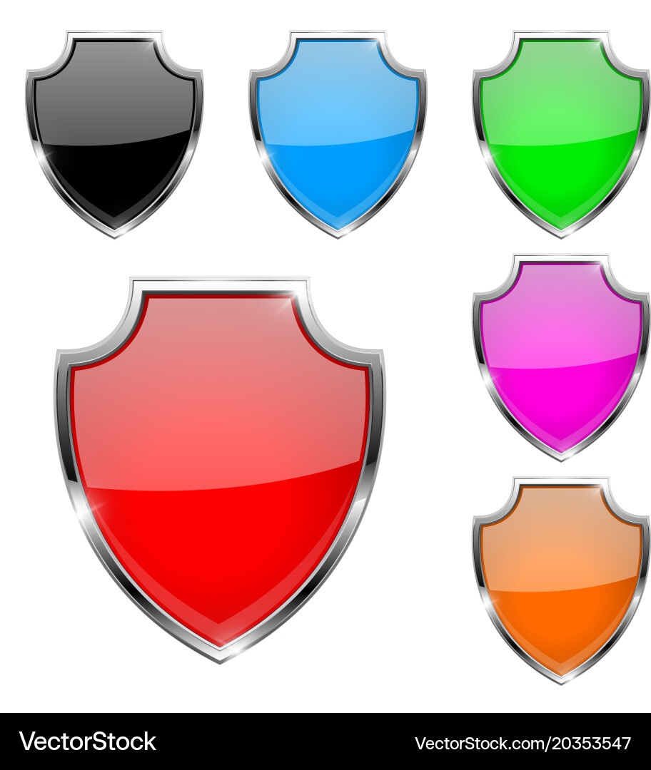 Metal 3d shields set colored safety symbols Vector Image