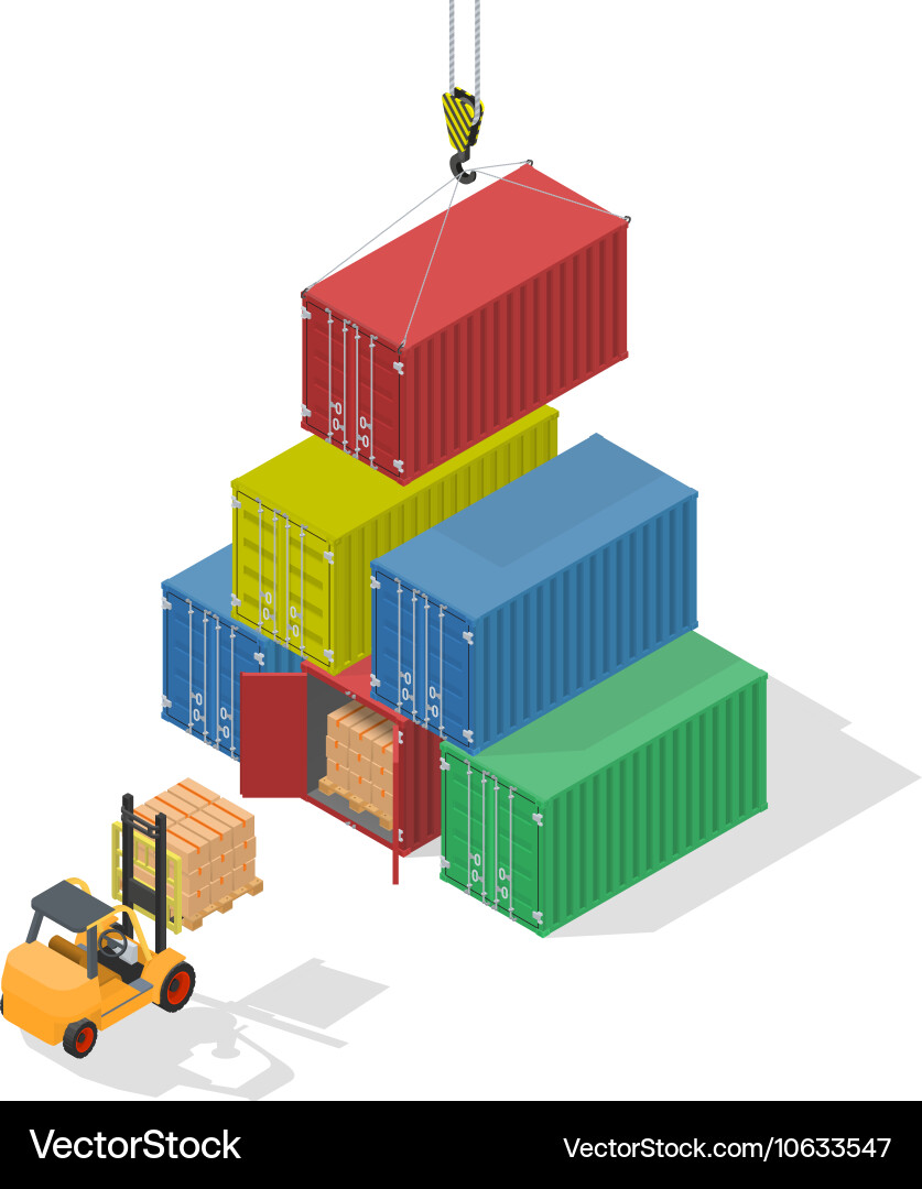 Unloading of sea cargo containers by a forklift Vector Image