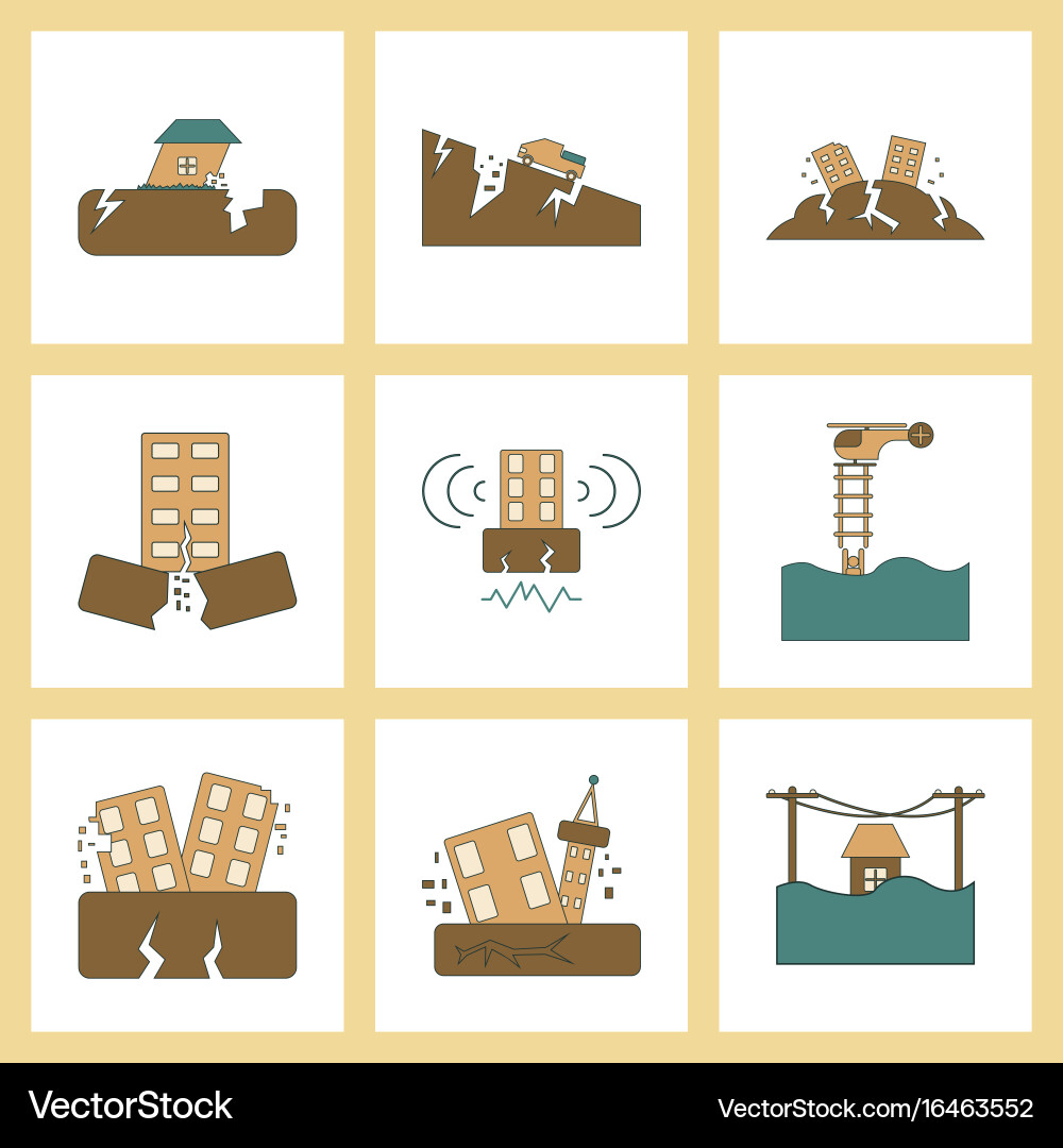 Assembly flat icons disaster earthquake and flood Vector Image