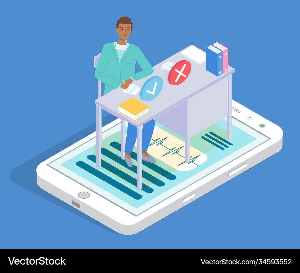 Doctor sits on table huge cartoon Royalty Free Vector Image