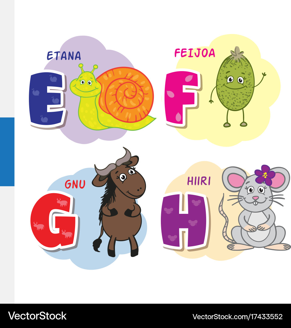 Finnish alphabet snail feijoa wildebeest mouse Vector Image