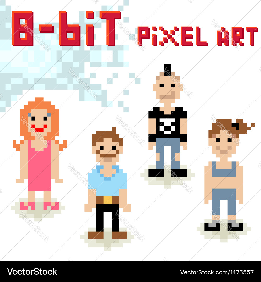 Cute 8-bit pixel character set casual people Vector Image