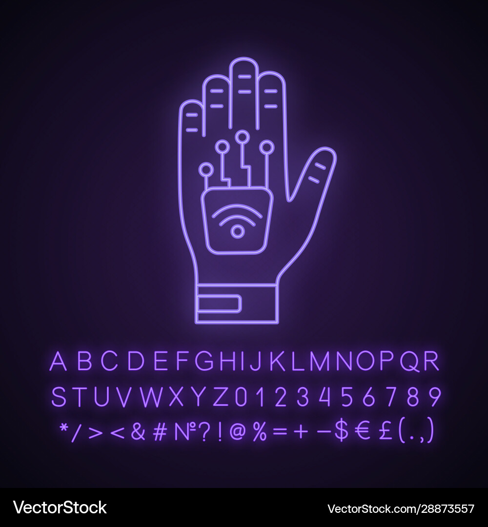 Human microchip implant in hand neon light icon Vector Image