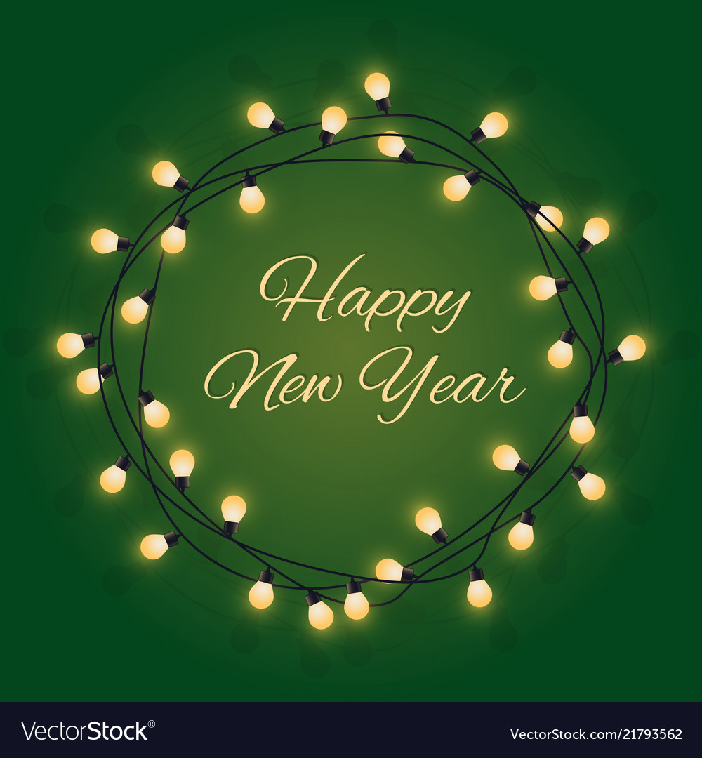 Happy new year sign in glowing bulb wreath Vector Image