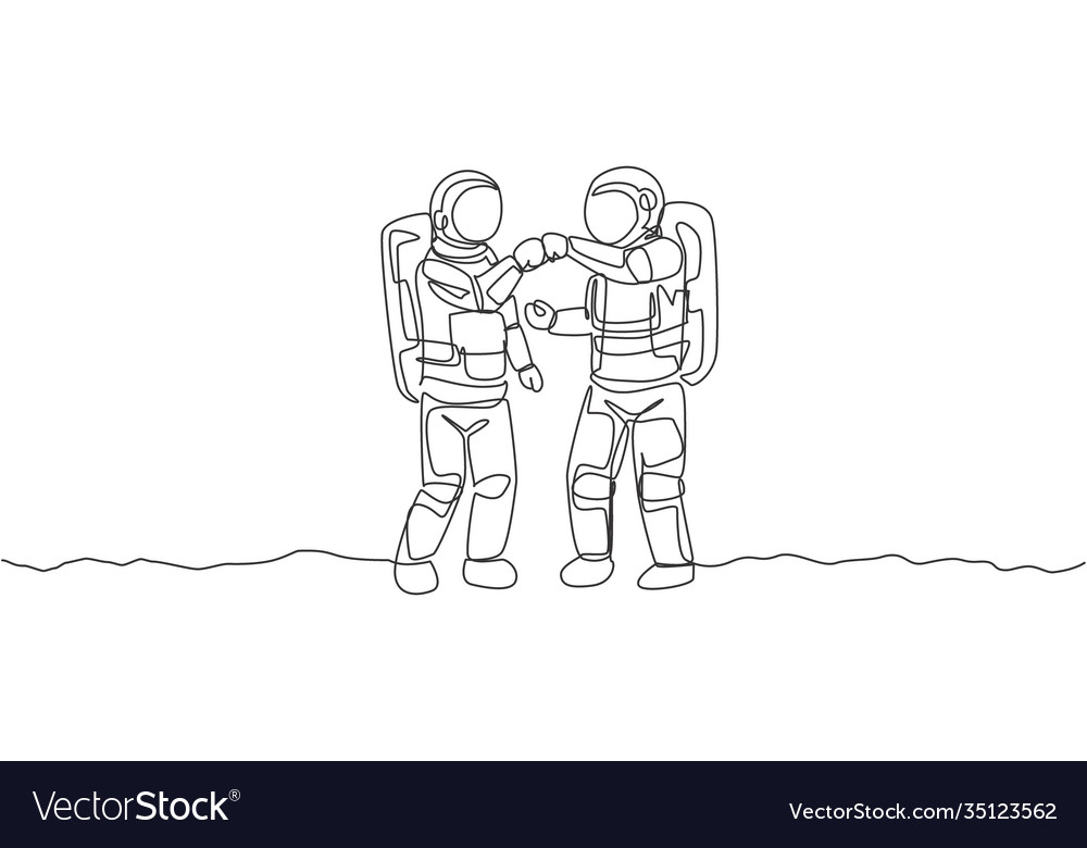 One single line drawing two young astronauts Vector Image