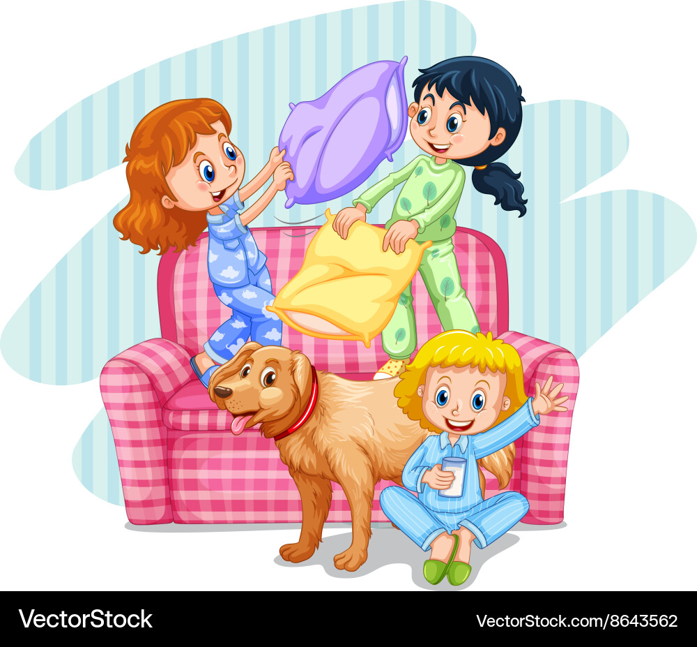 Three girls playing pillow fight on sofa Vector Image