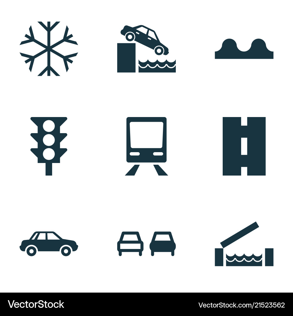 Transport icons set with risk car river Royalty Free Vector