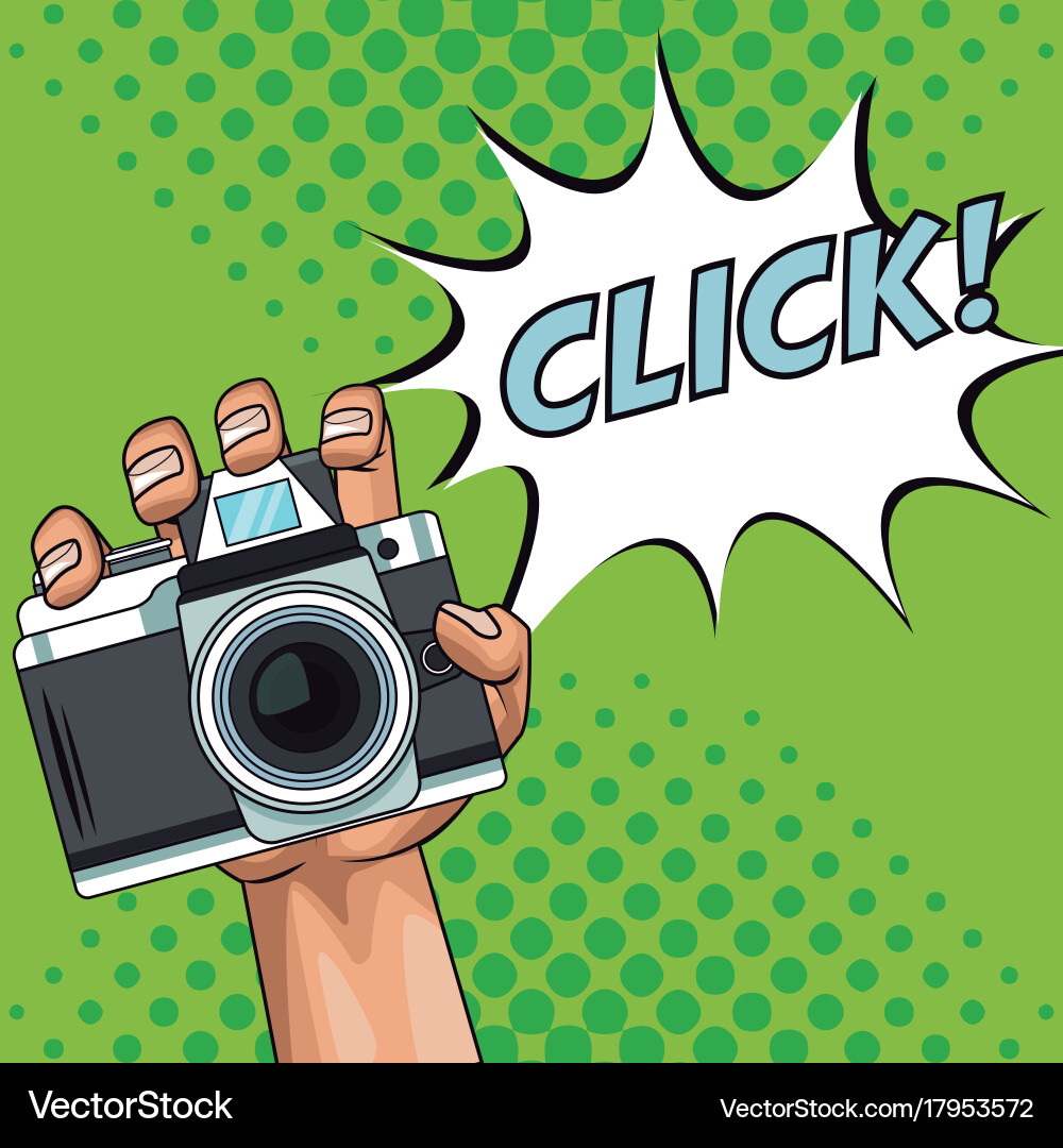 Hand holding camera pop art cartoon Royalty Free Vector