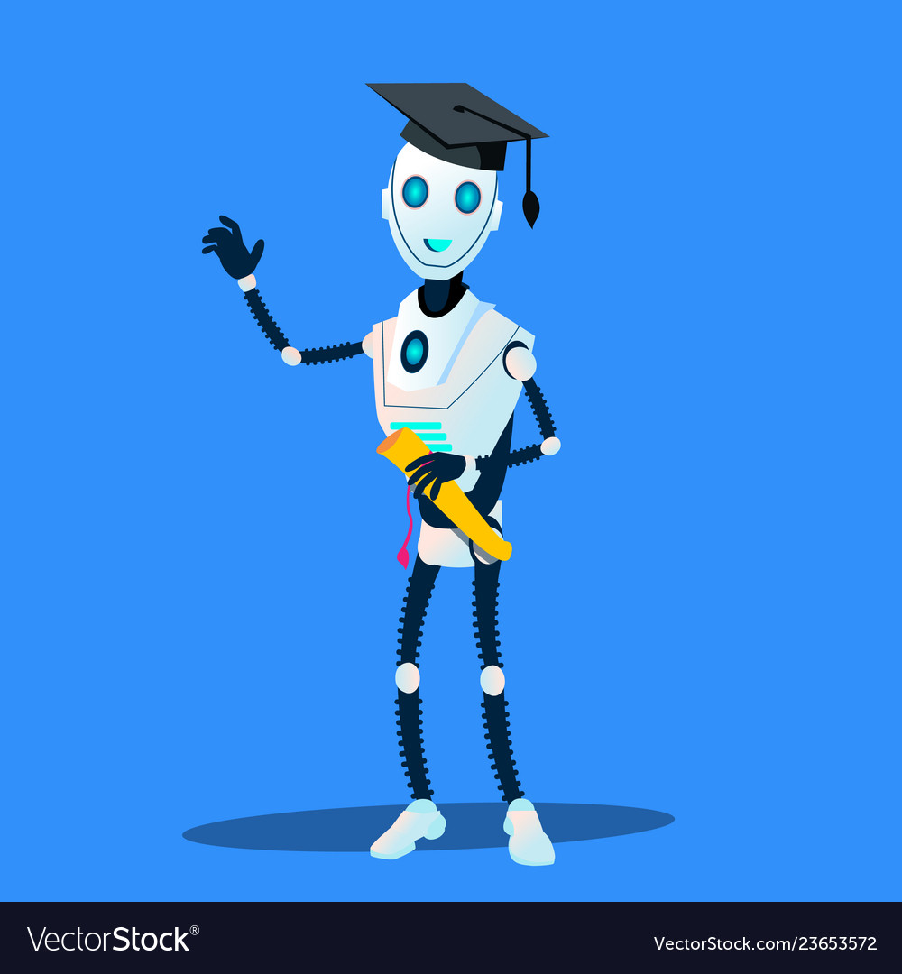 Smart robot in graduate cap and diploma hands Vector Image