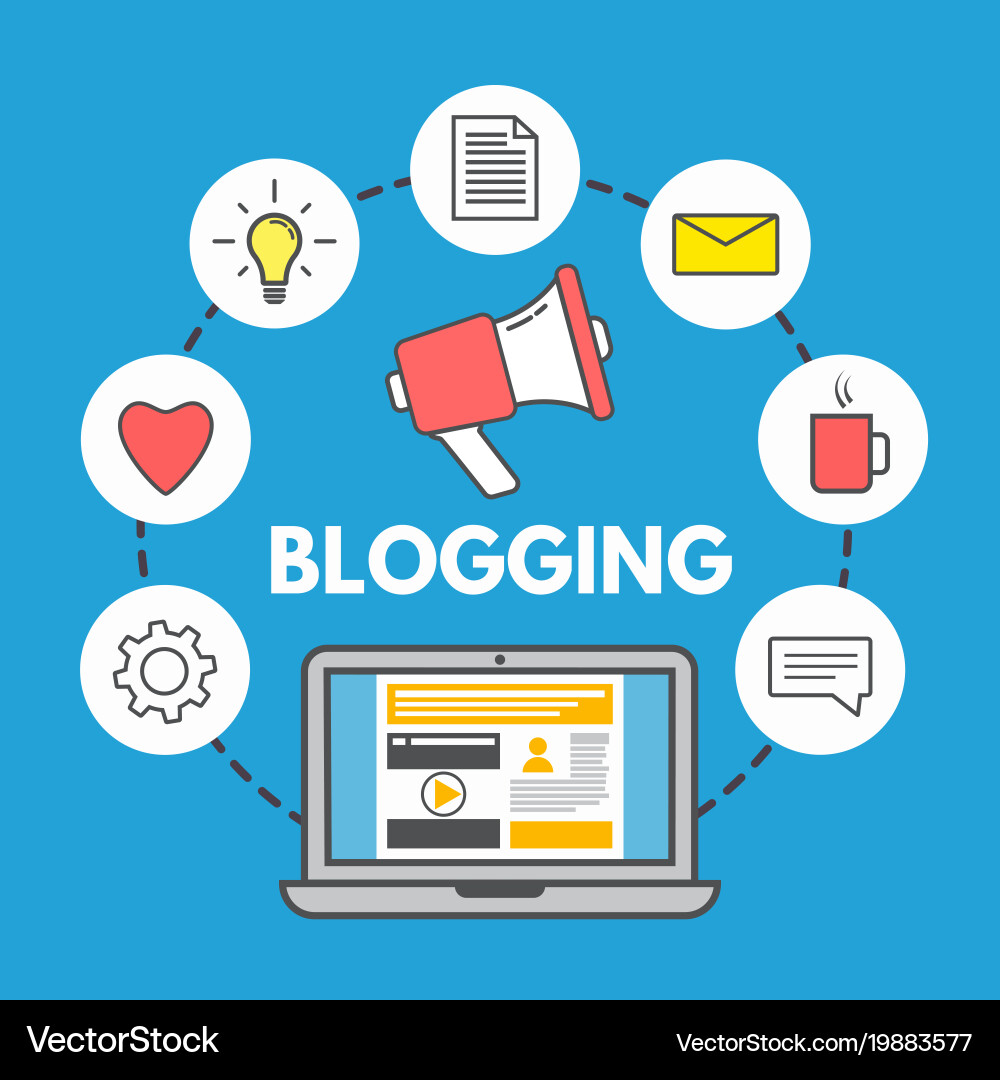 Blogging concept on blue background laptop Vector Image