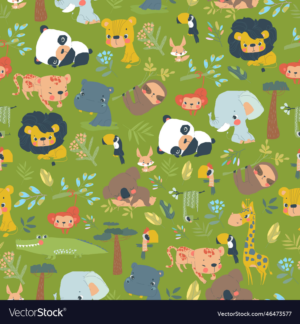 Seamless pattern with jungle animals on green Vector Image