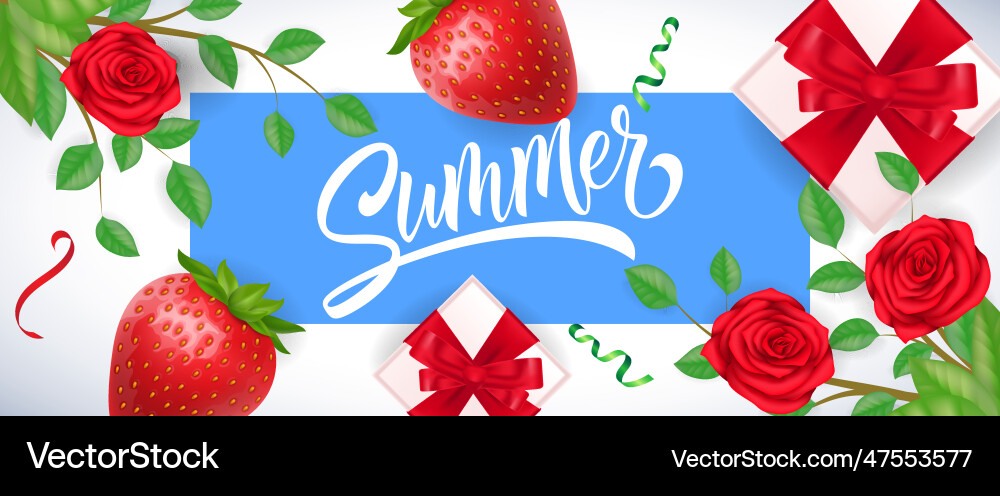 Summer lettering in blue frame with strawberries Vector Image