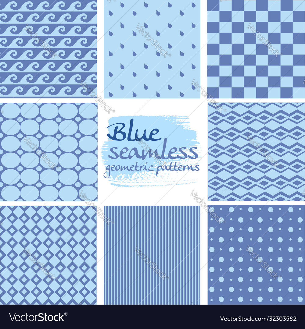 Set blue seamless geometric patterns on white 3 Vector Image