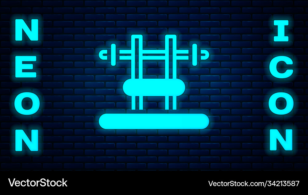 Glowing neon bench with barbel icon isolated Vector Image