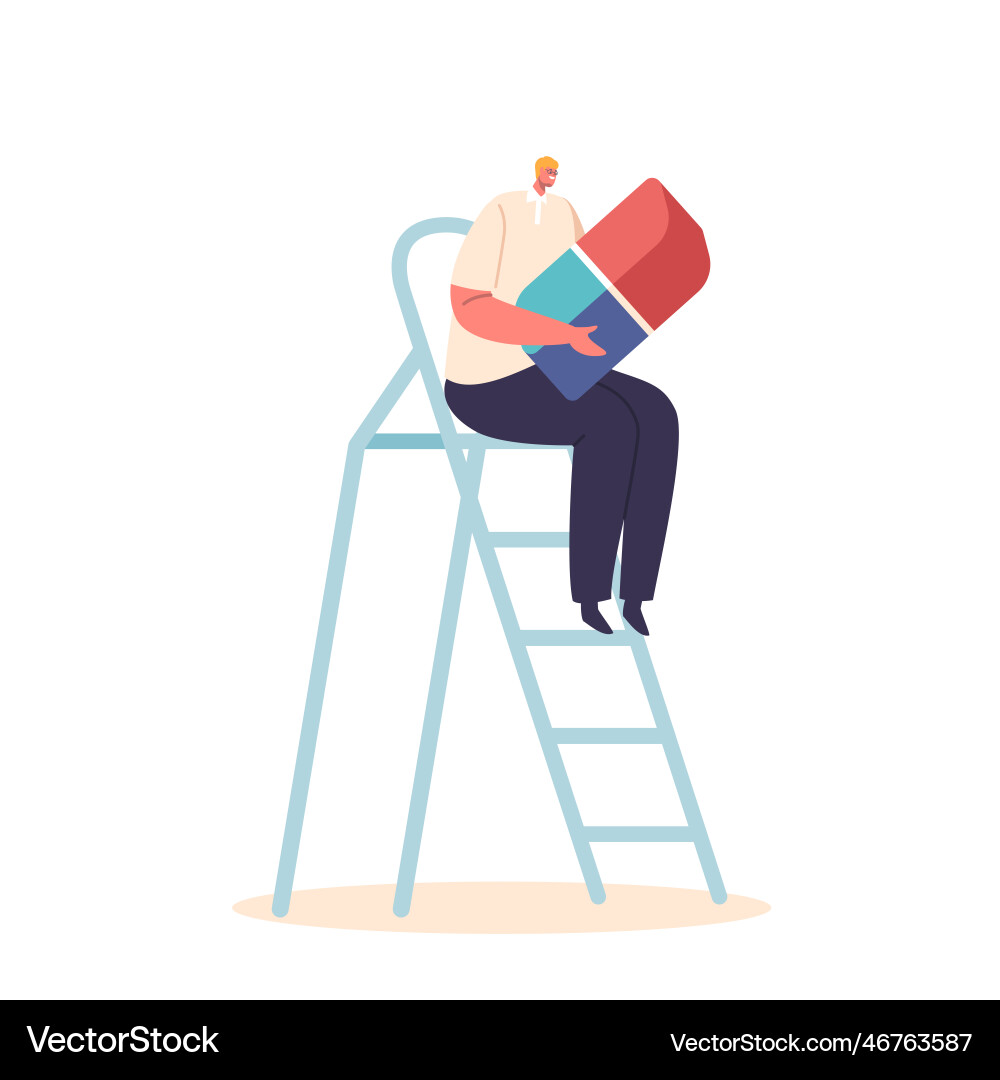 Graphic designer holding huge eraser sitting Vector Image