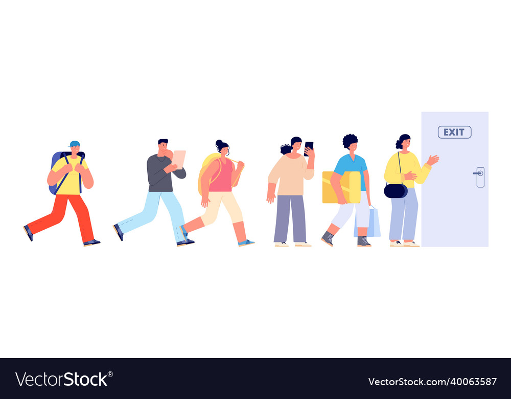 People Queue To Door Exit Evacuation Or Go Vector Image