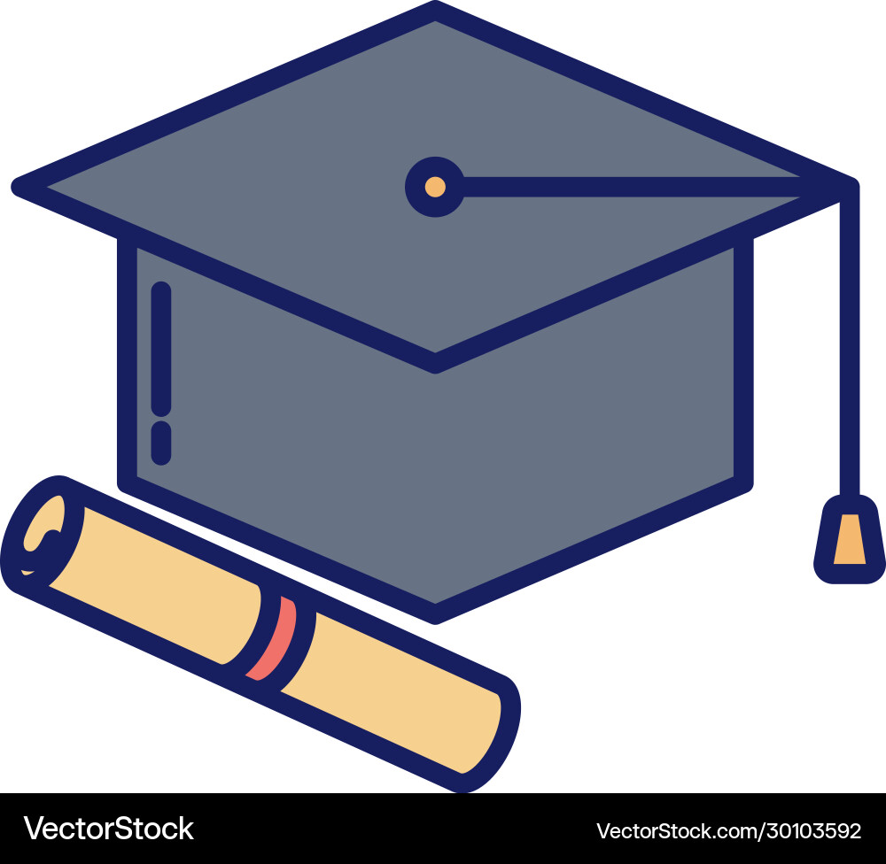Graduation cap and diploma line fill style Vector Image