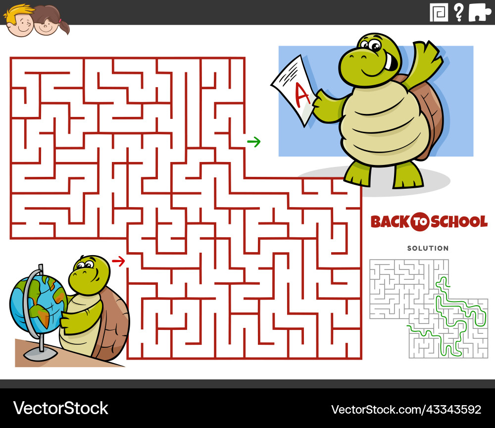 Maze with cartoon turtle studying for a geography Vector Image