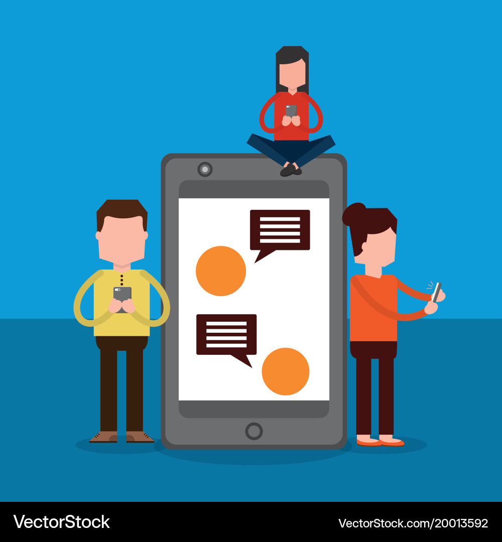 People standing and sitting on big smartphone Vector Image